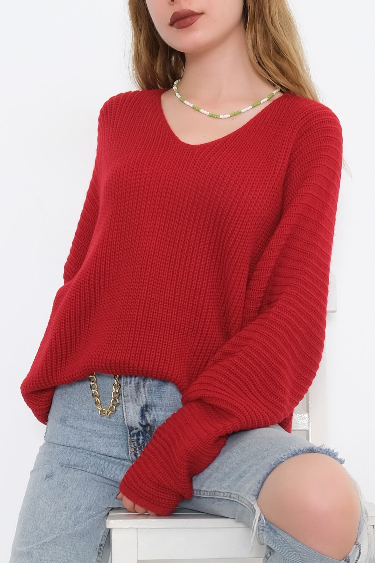 Remiss Kırmızı V Yaka Salaş Triko | ElbiseBul