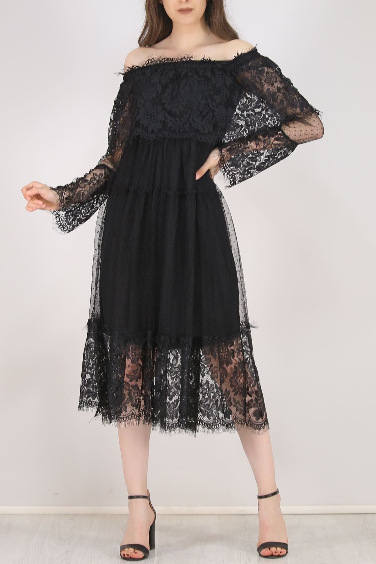 Remiss Siyah Pelerinli Midi Tül Abiye Elbise | ElbiseBul