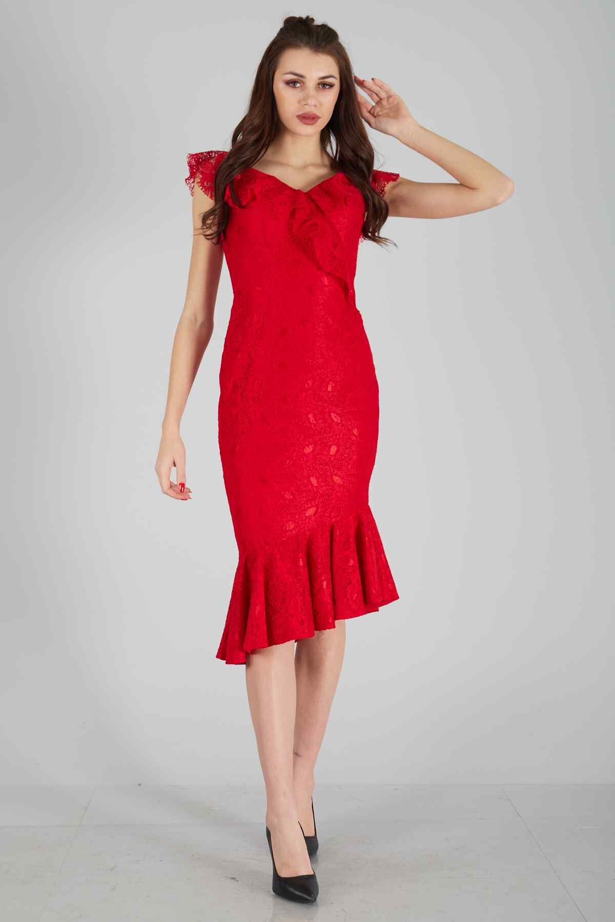 Ardanewline Kırmızı Üstü Ve Altı Fırfırlı Dantel Midi Abiye Elbise ...