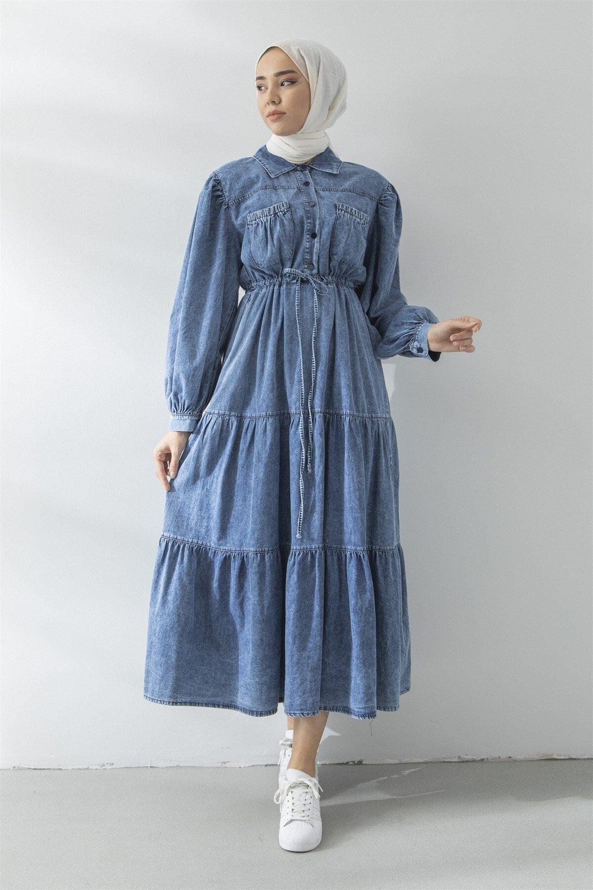 Cep Detaylı Kot Spor Elbise - Mavi Elbise - Cng Moda Elbise | ElbiseBul