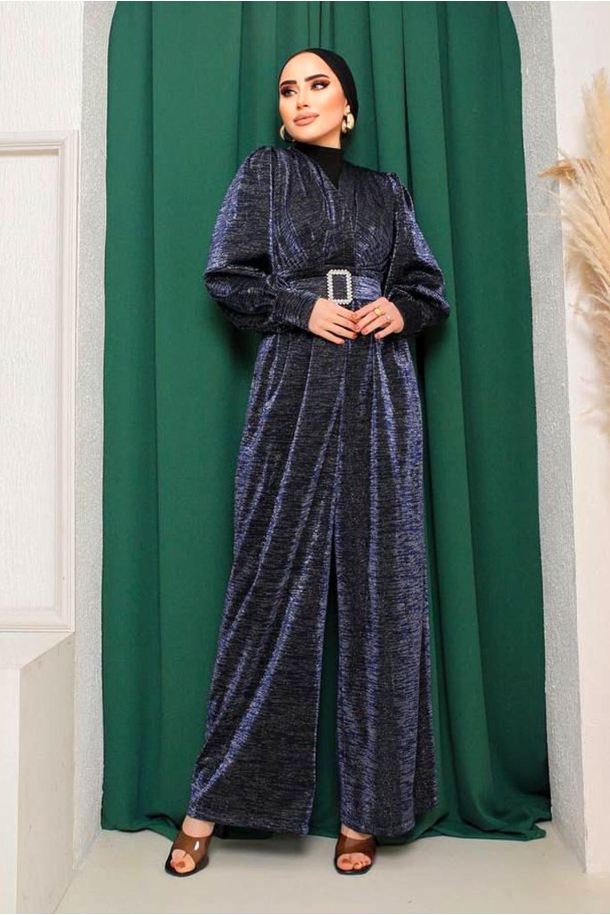 Kendinden Simli Tulum - Parlement Mavisi Elbise - Moda Rosa Elbise ...