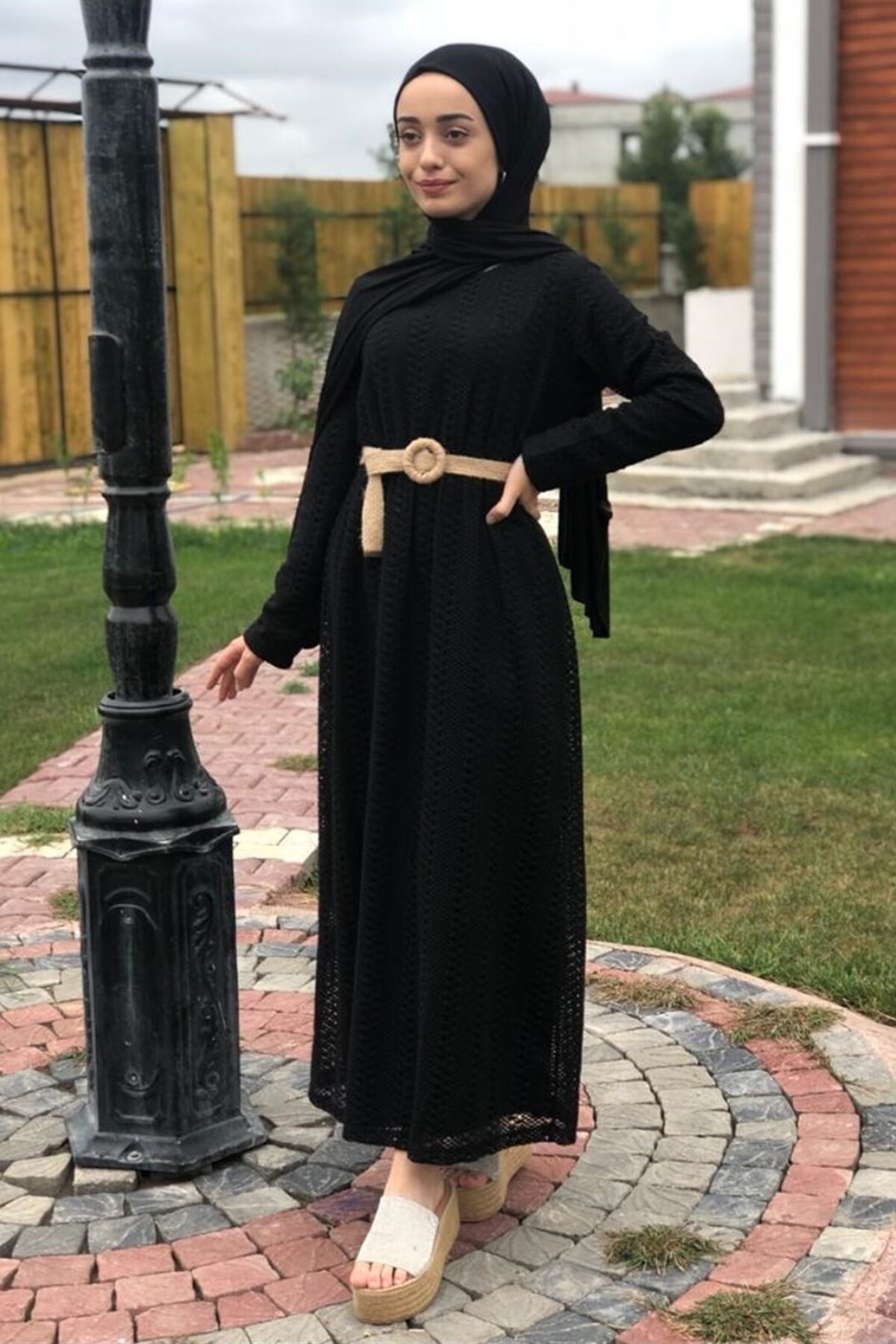 Hasır Kemerli Dantel Elbise - Siyah Elbise - Cng Moda Elbise | ElbiseBul